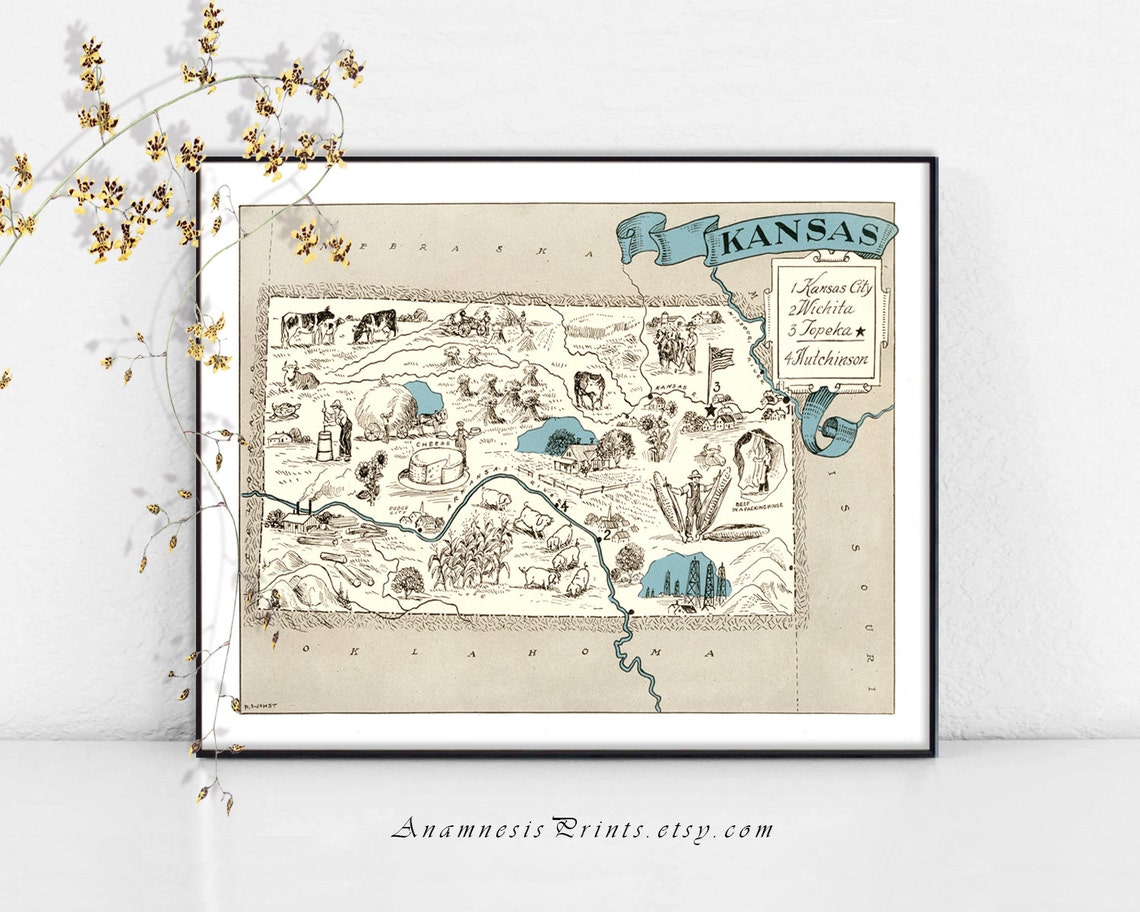 KANSAS MAP PRINT Vintage Pictorial Map Size & Color - Etsy