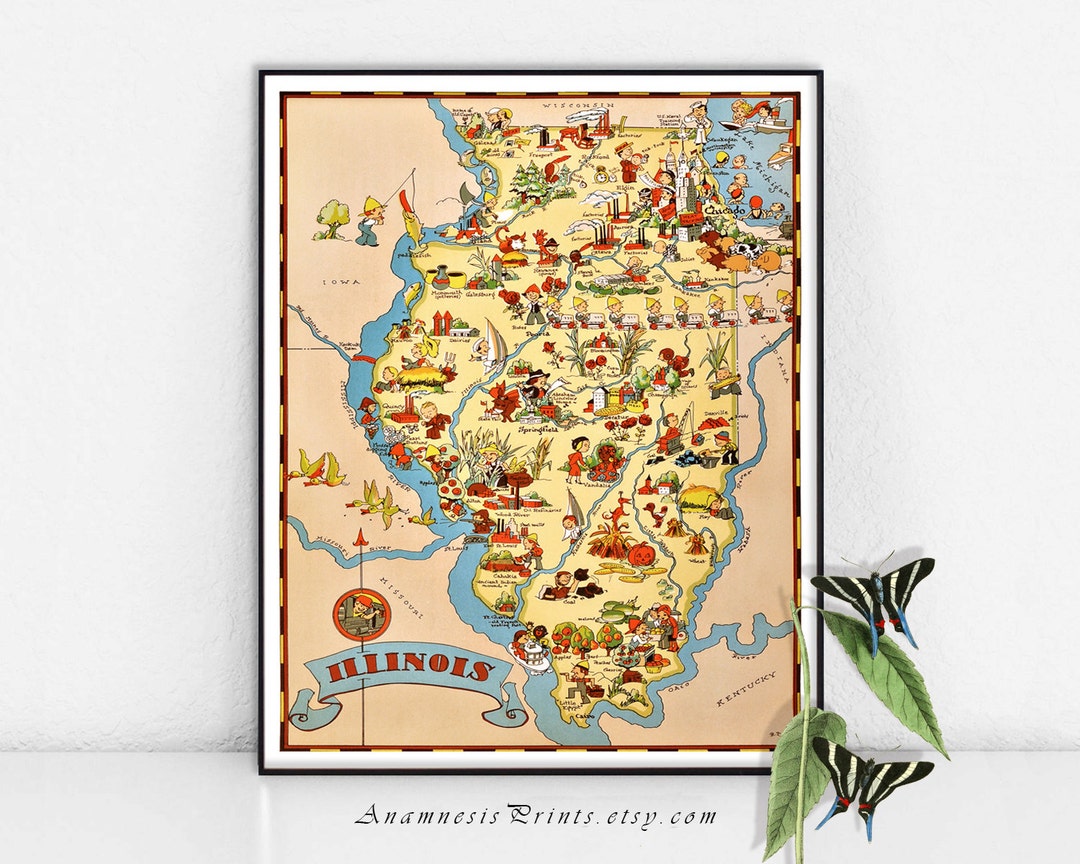 ILLINOIS MAP PRINT Vintage Picture Map to Frame Perfect Housewarming or ...
