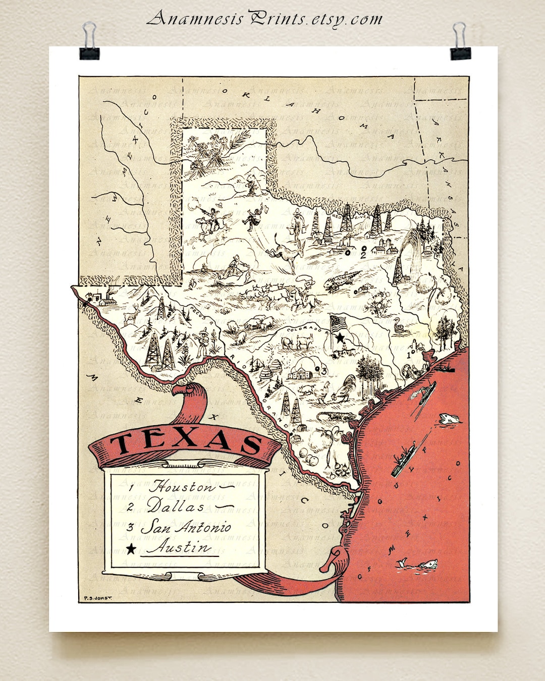 TEXAS MAP PRINT - Fun Vintage Picture Map Print to Frame - Perfect Gift ...