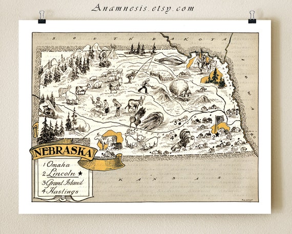 NEBRASKA MAP PRINT vintage map pictorial map art size | Etsy