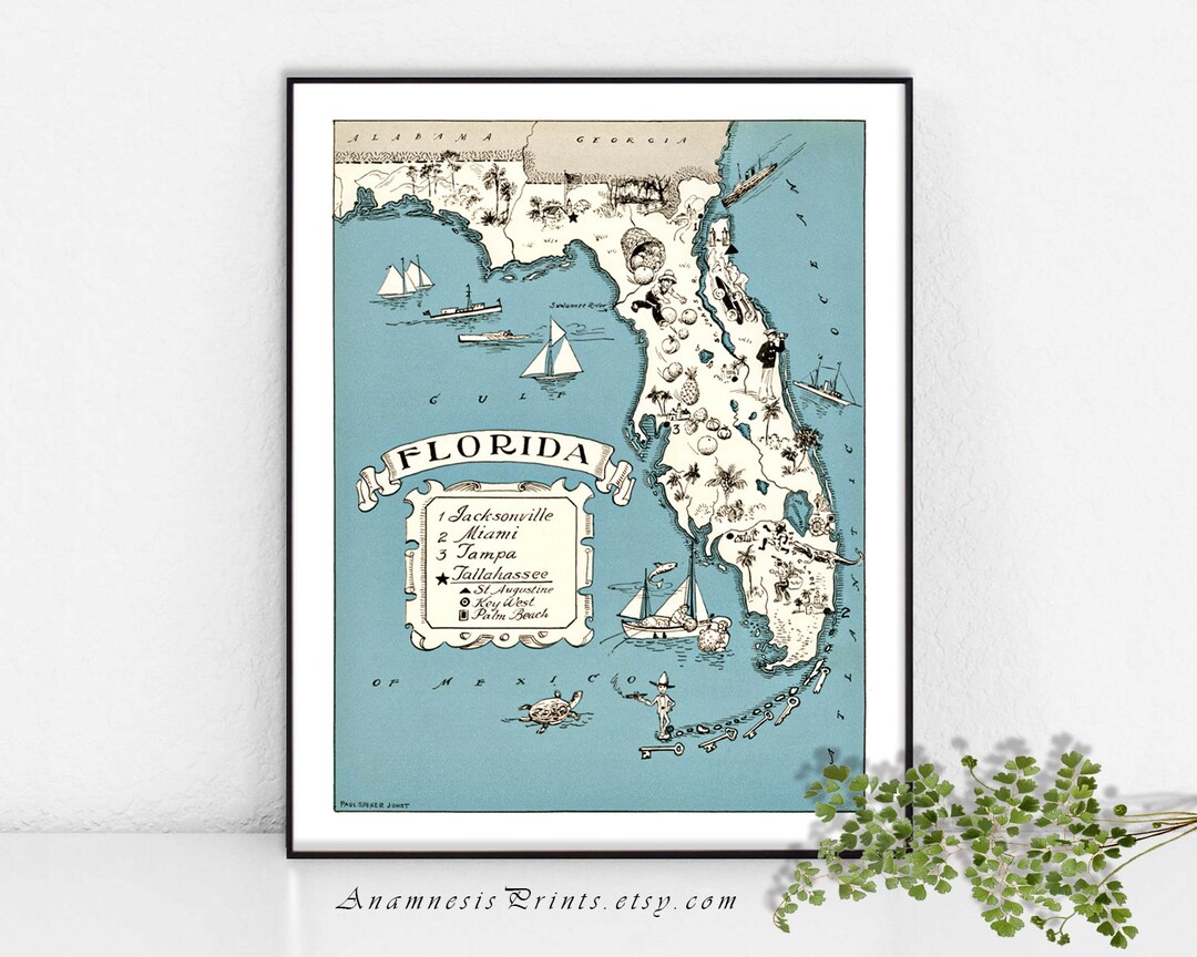 FLORIDA MAP PRINT, Home Decor Map, Personalize It, Vintage Coastal Map ...