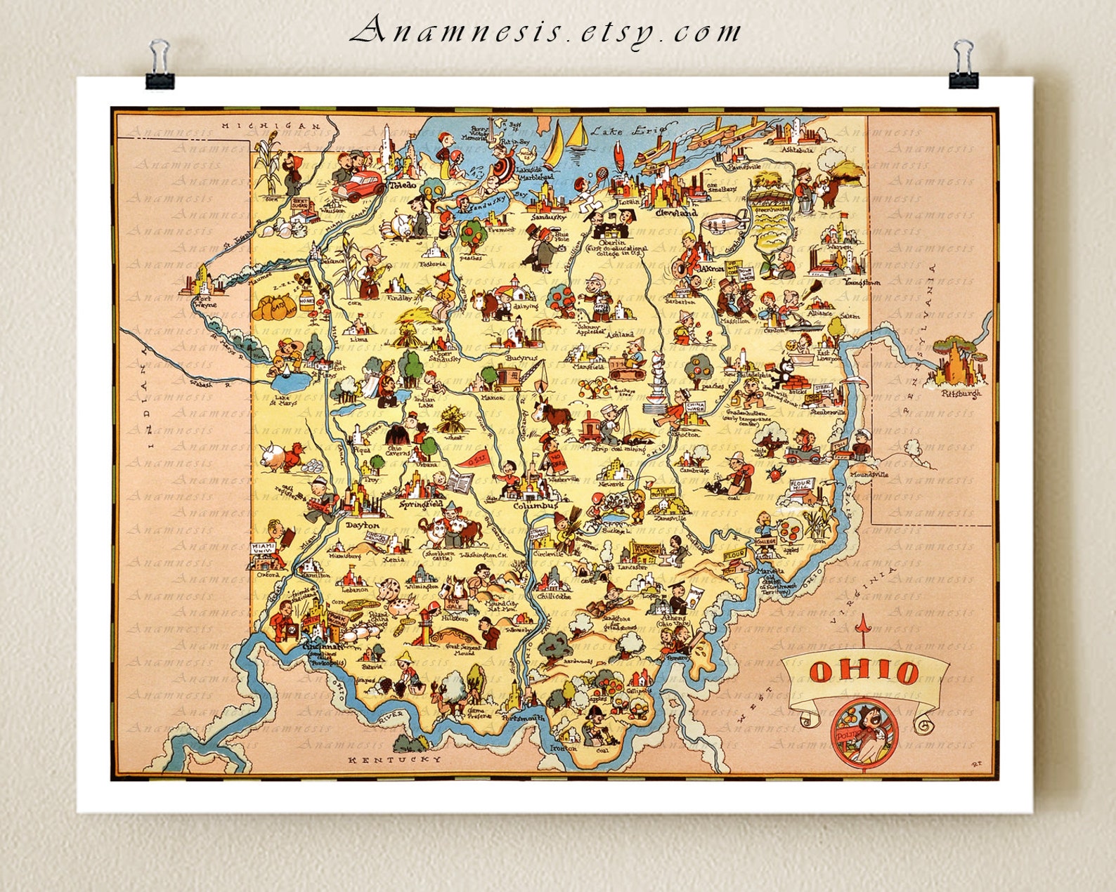 OHIO MAP PRINT Vintage Pictorial Map for Framing and Gift Giving ...