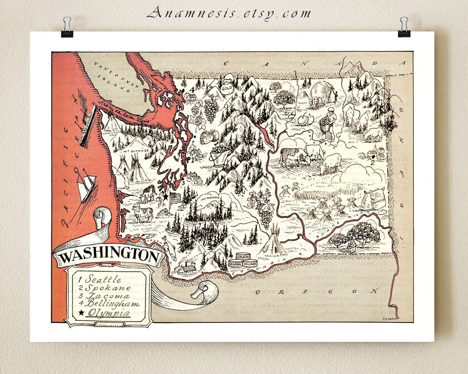 WASHINGTON MAP PRINT - Charming Vintage Picture Map to Frame - Perfect ...