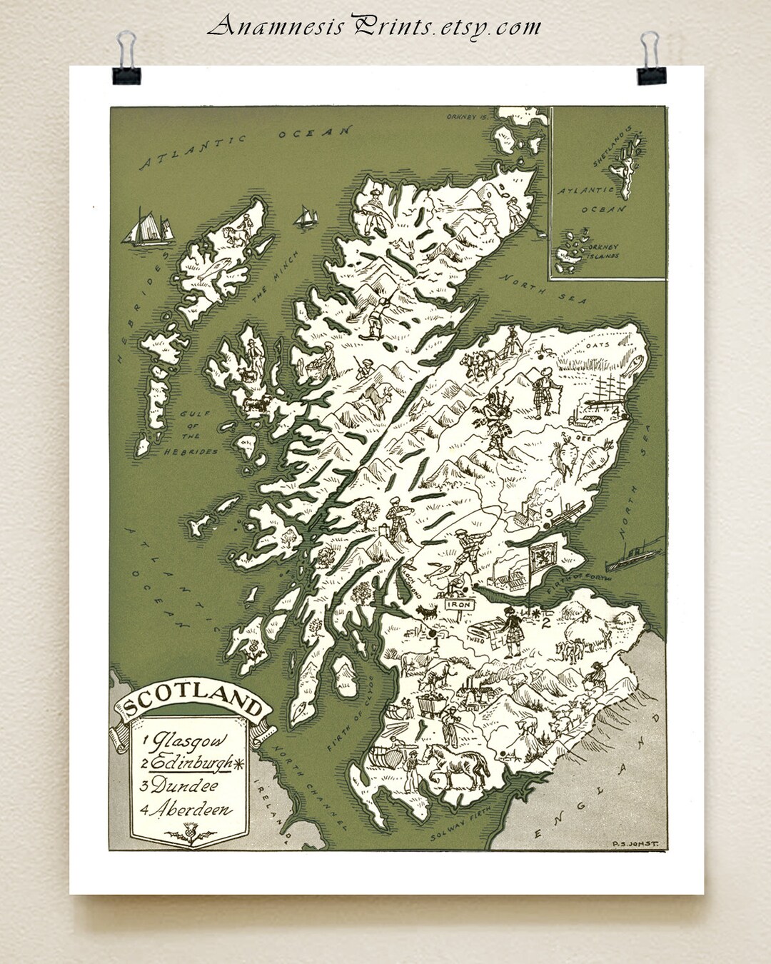 SCOTLAND MAP PRINT - Charming Vintage Picture Map of Scotland - Lovely ...
