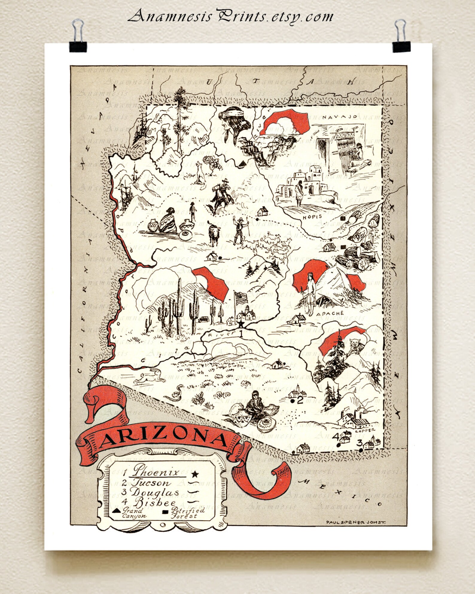 ARIZONA MAP PRINT - Size & Color Choices - Personalize It - Vintage ...