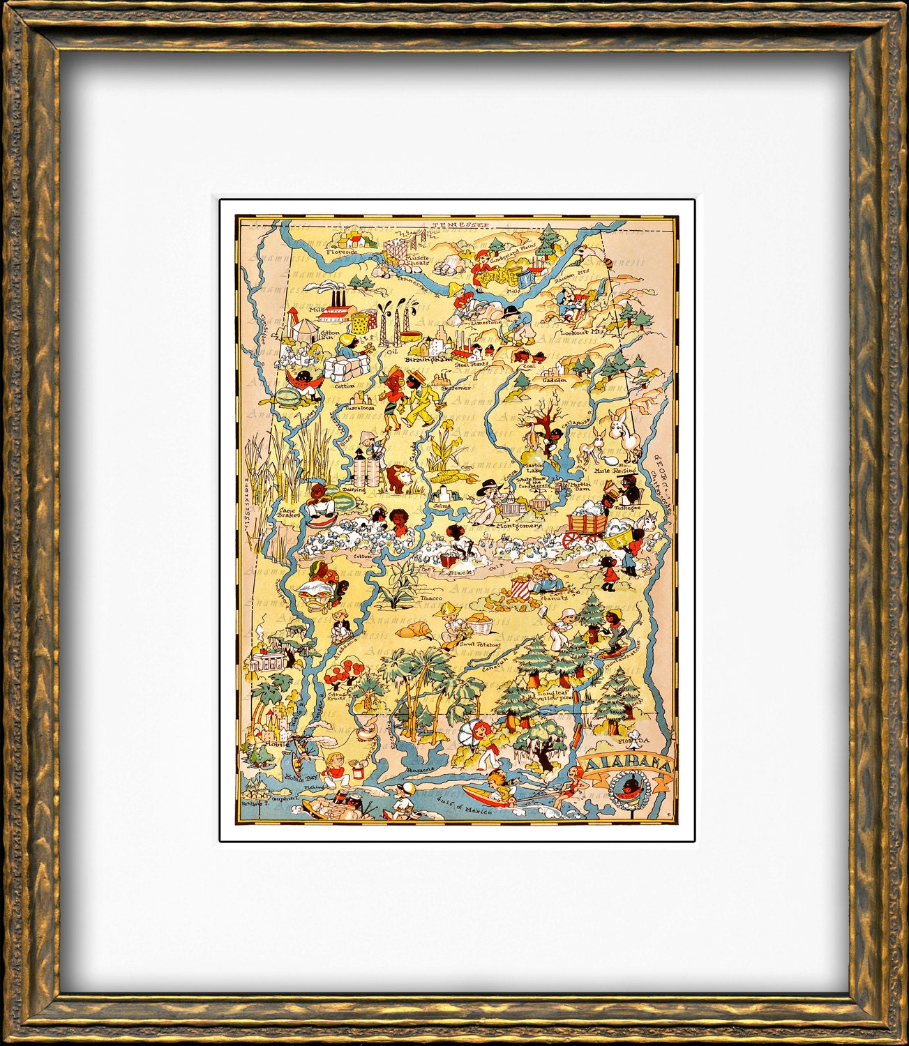 ALABAMA MAP PRINT - Vintage Pictorial Map to Frame - Perfect ...