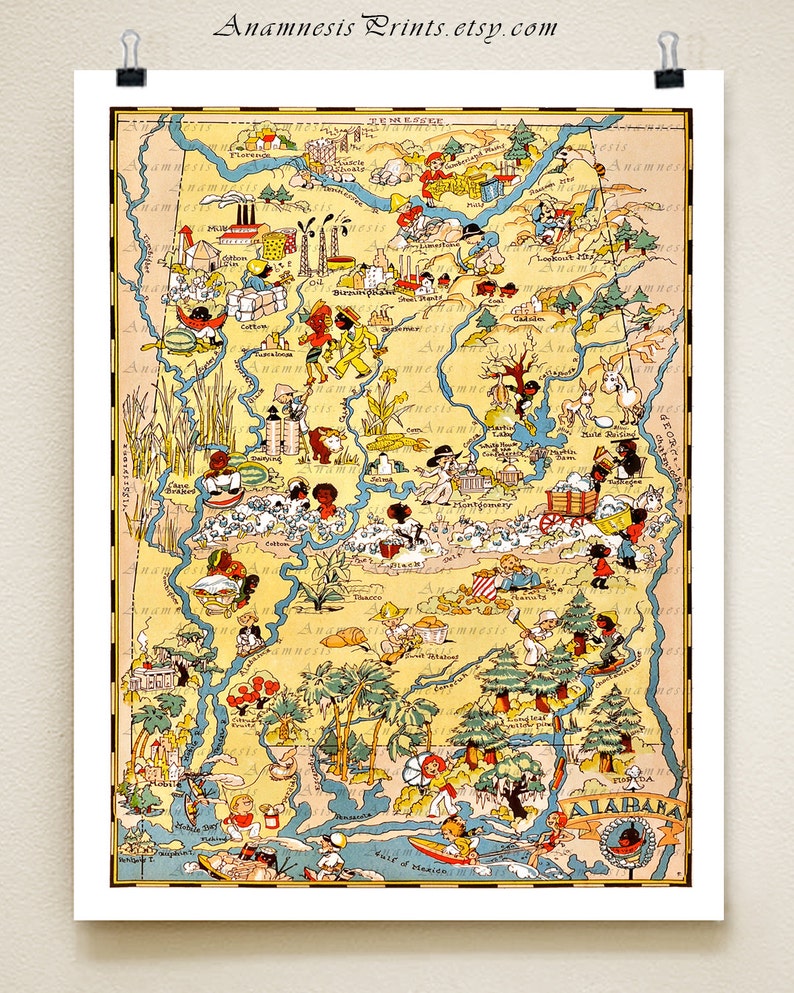 ALABAMA MAP PRINT Vintage Pictorial Map to Frame Perfect | Etsy