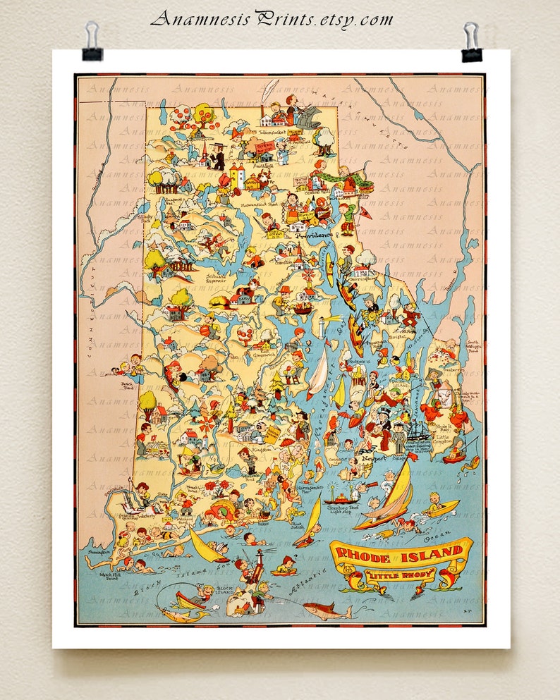 RHODE ISLAND MAP Print Vintage 1930's Picture Map to | Etsy