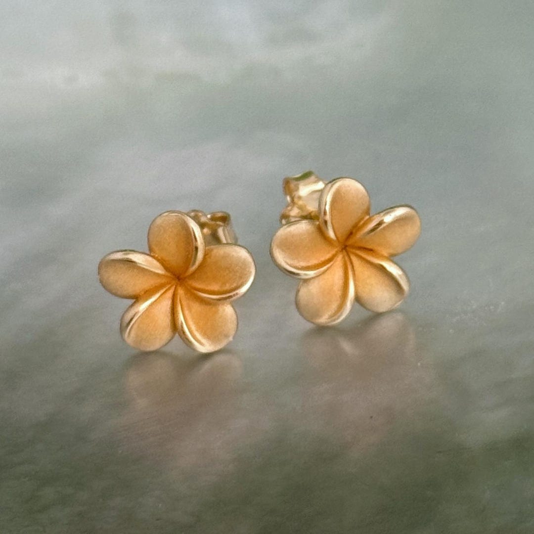 Plumeria Frangipani Flower Stud Earrings • Hawaiian Gold Earrings ...