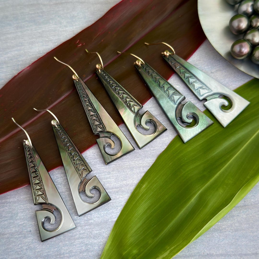 Hand Carved Mother of Pearl Earrings: Hawaiian Koru Design, Gold Filled ...