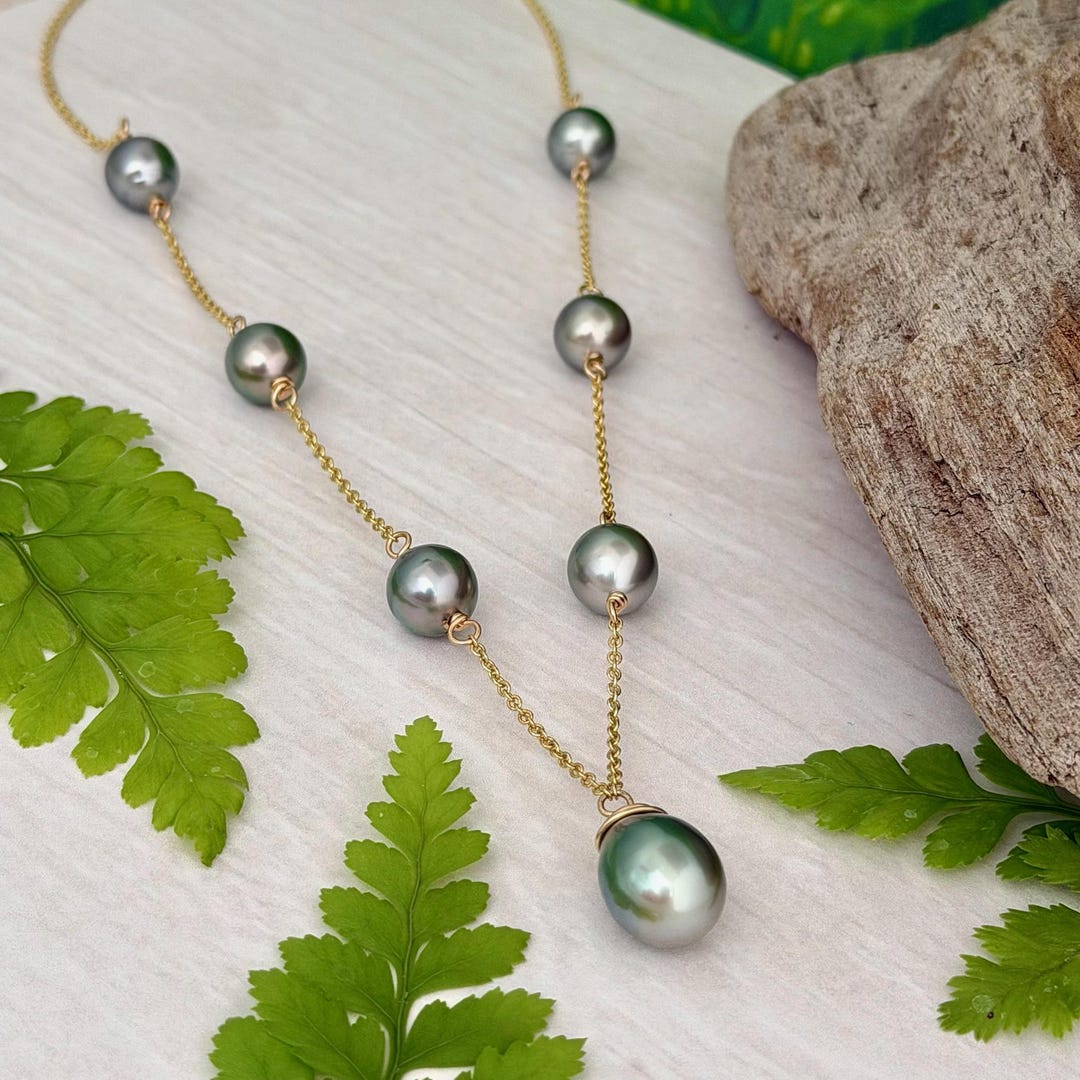 Tahitian Pearl Necklace • Linked Pearls With Drop Pistachio Pendant ...