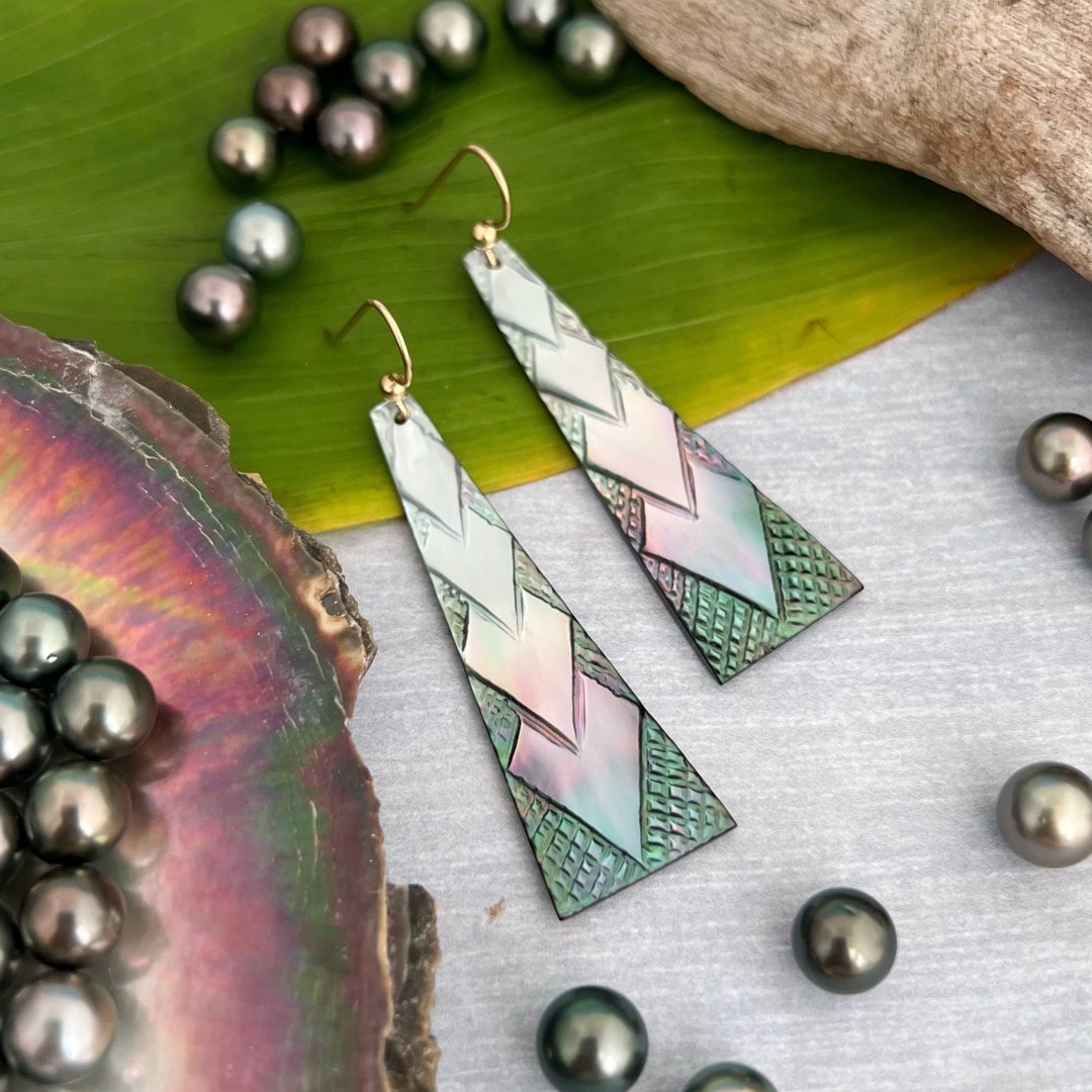 Hand Carved Triangle Spear Mother of Pearl Earrings, Hawaii, Hawaiian ...