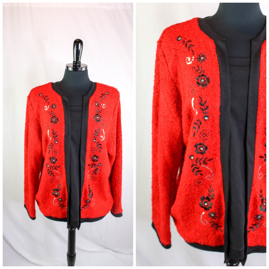 Vintage Cathy Daniels Sweater Red Black Embroidered Rhinestones Sequins ...