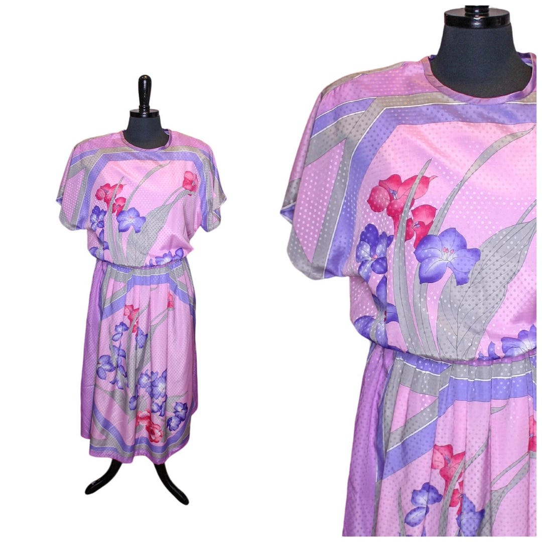 Vintage Mr Mort Dress 70s 80s Floral Midi Dress Blouson Pink Purple ...