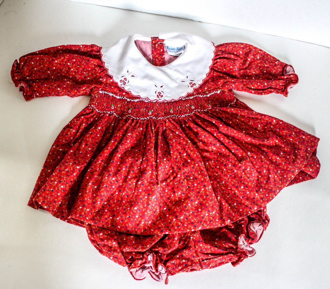 Vintage Rosey Kids Dress and Bloomers Set 3M Red Flowers Smocked White ...