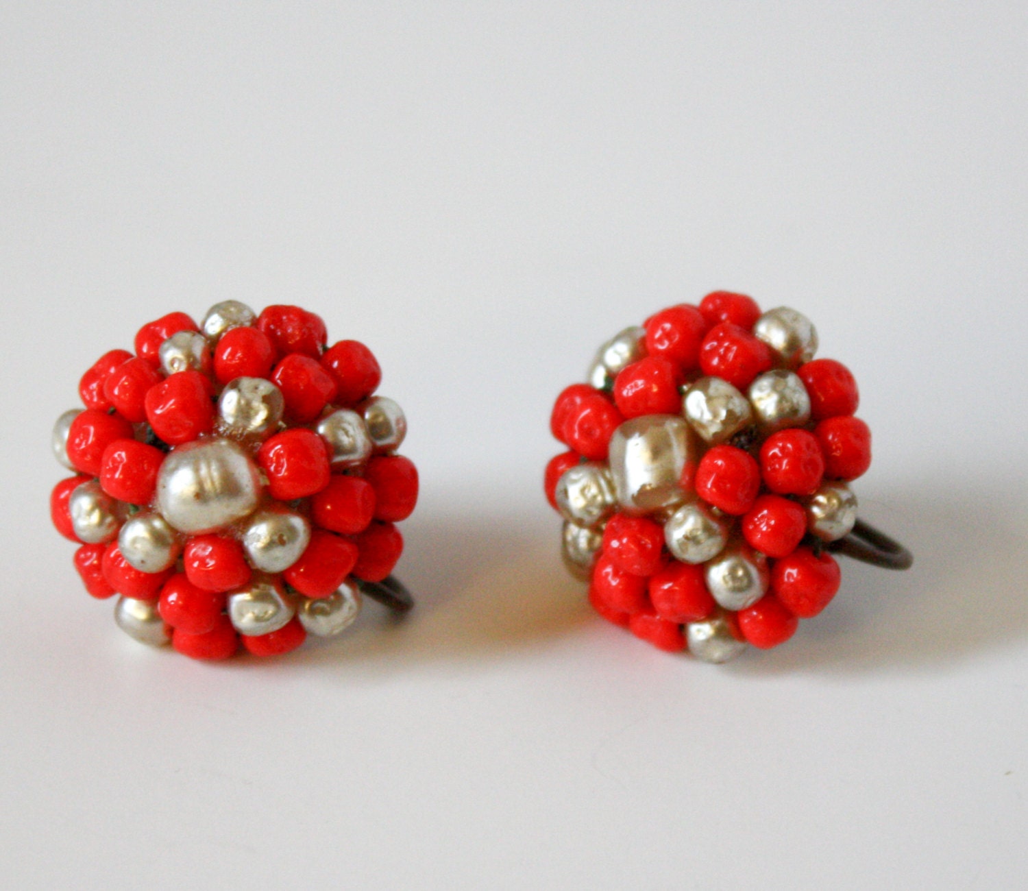 Vintage Bead Cluster Dome Earrings Orange Red and Grey Pearl Screw Back ...