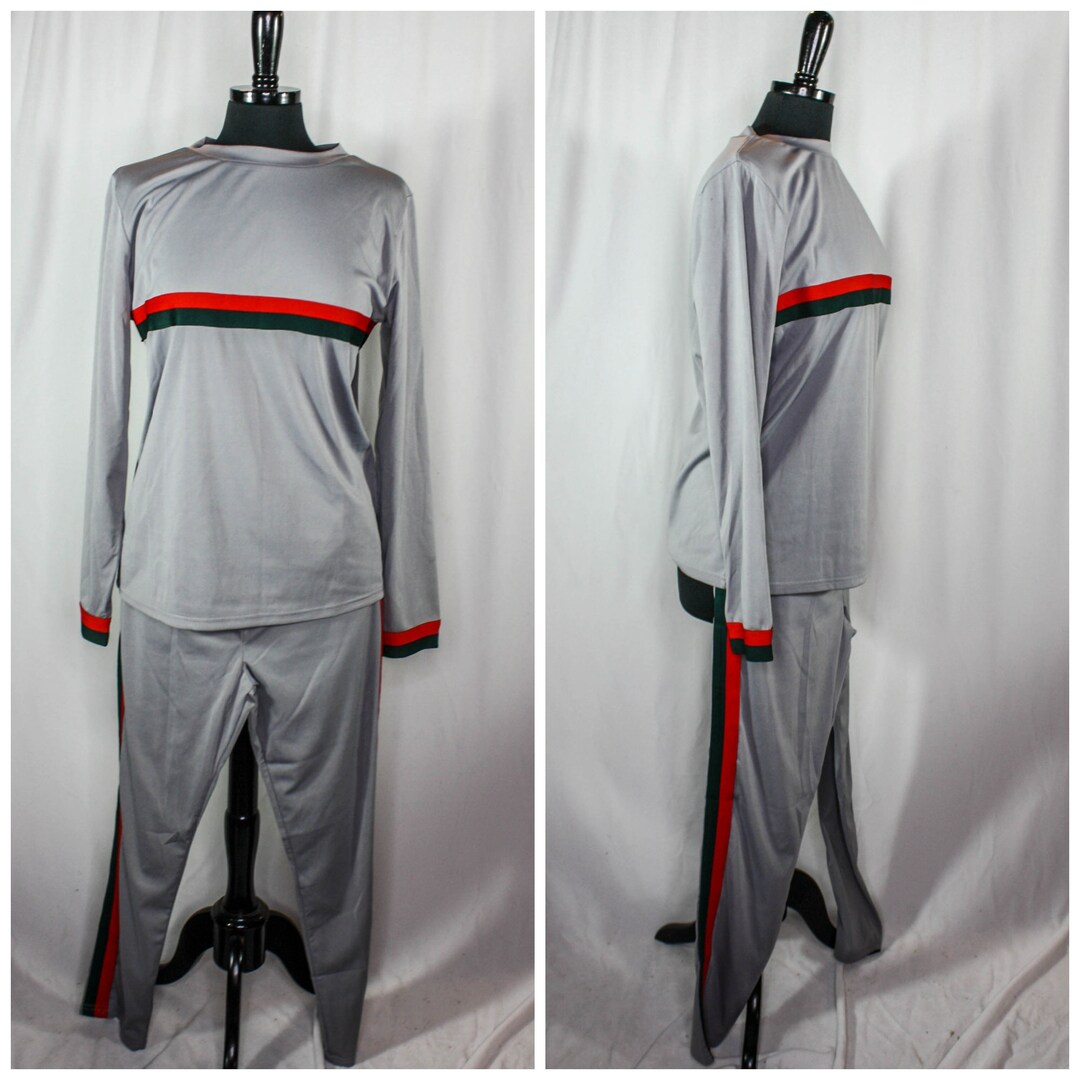 Vintage Track Suit Grey Stripes Green Red Long Sleeve Retro Activewear ...