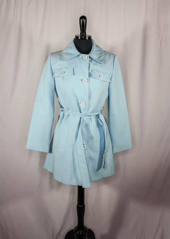 Vintage Short Trench Jacket Coat Pastel Blue Polyester Vintage Short Trench Jacket Coat Pastel Blue Polyester
