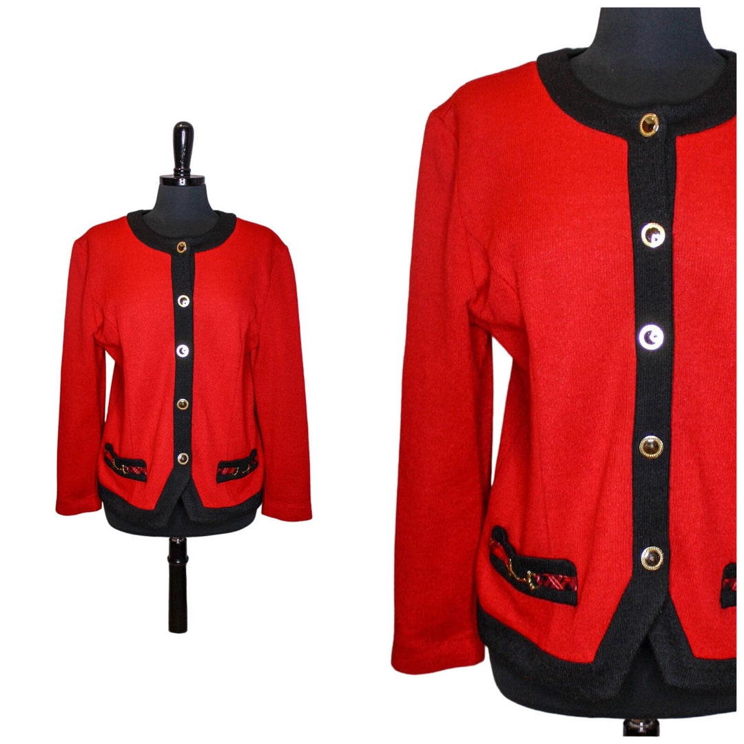Vintage Jeffery & Dara Red Knit Jacket Top Black Plaid Trim Horsebit ...