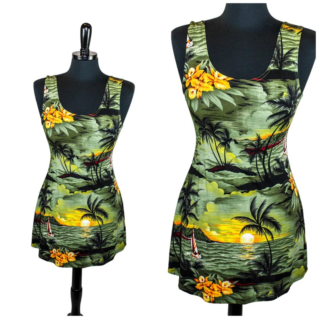 Vintage Mini Tank Dress Tropical Scene Print Palm Trees Sunset Flower ...