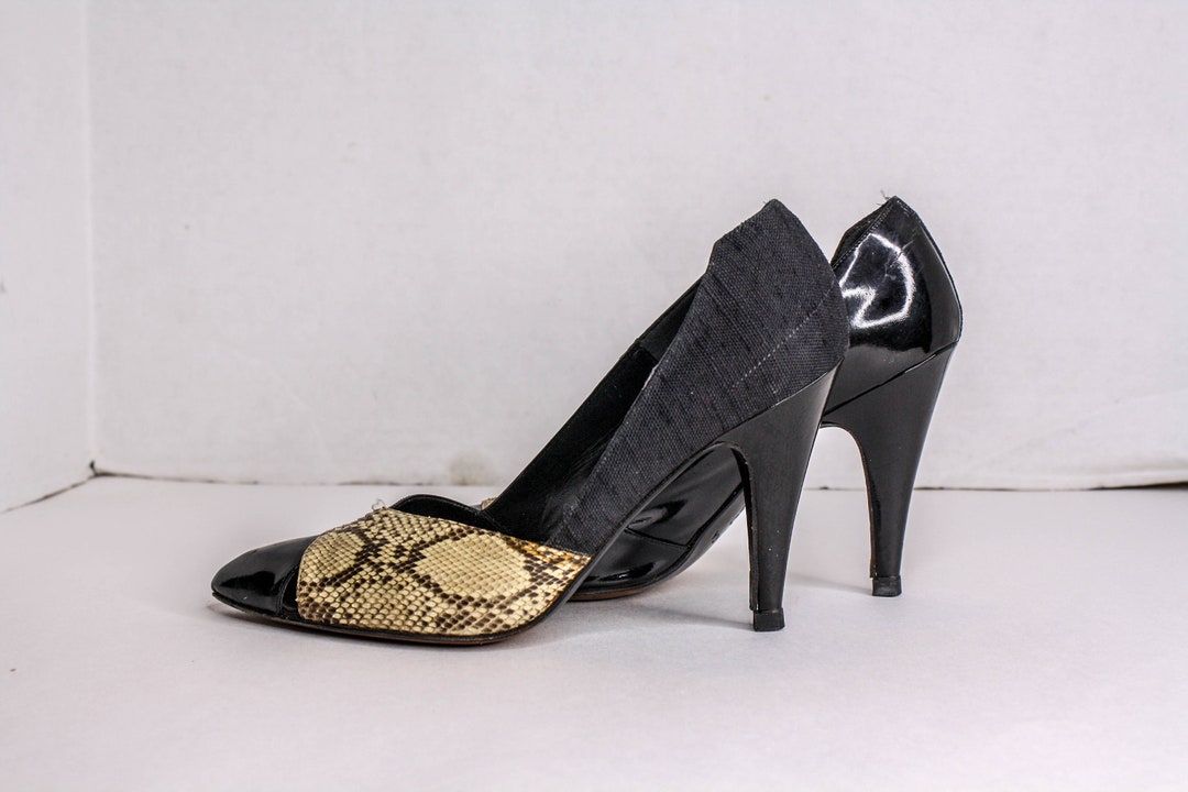 Vintage 80s Prevata High Heel Shoes Pumps Tan Snake Skin Black Leather ...