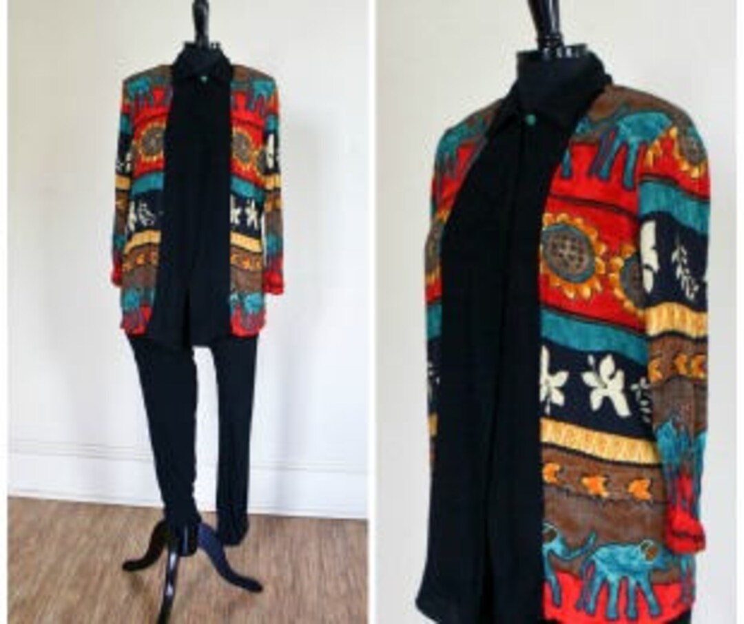 Vintage 90s Black Crepe Jumpsuit and Tribal Print Jacket Set Multicolor ...