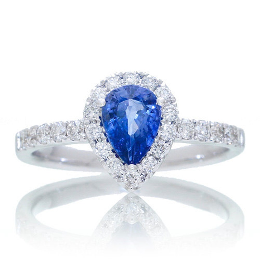 18 Karat White Gold Blue Pear Shape Sapphire Diamond Halo - Etsy