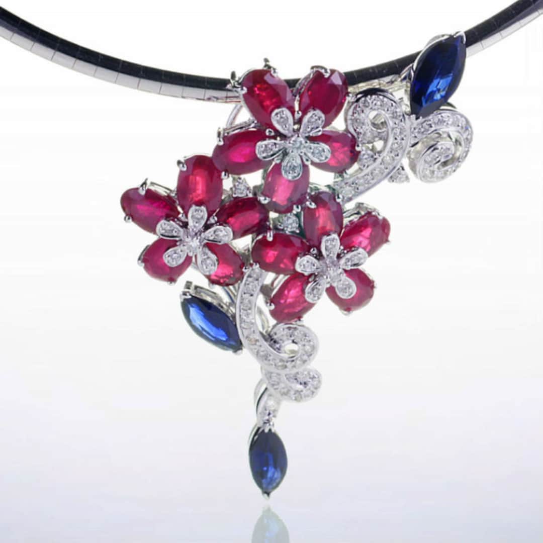 Floral Ruby Sapphire Diamond Pendant Brooch Slide Necklace - Etsy