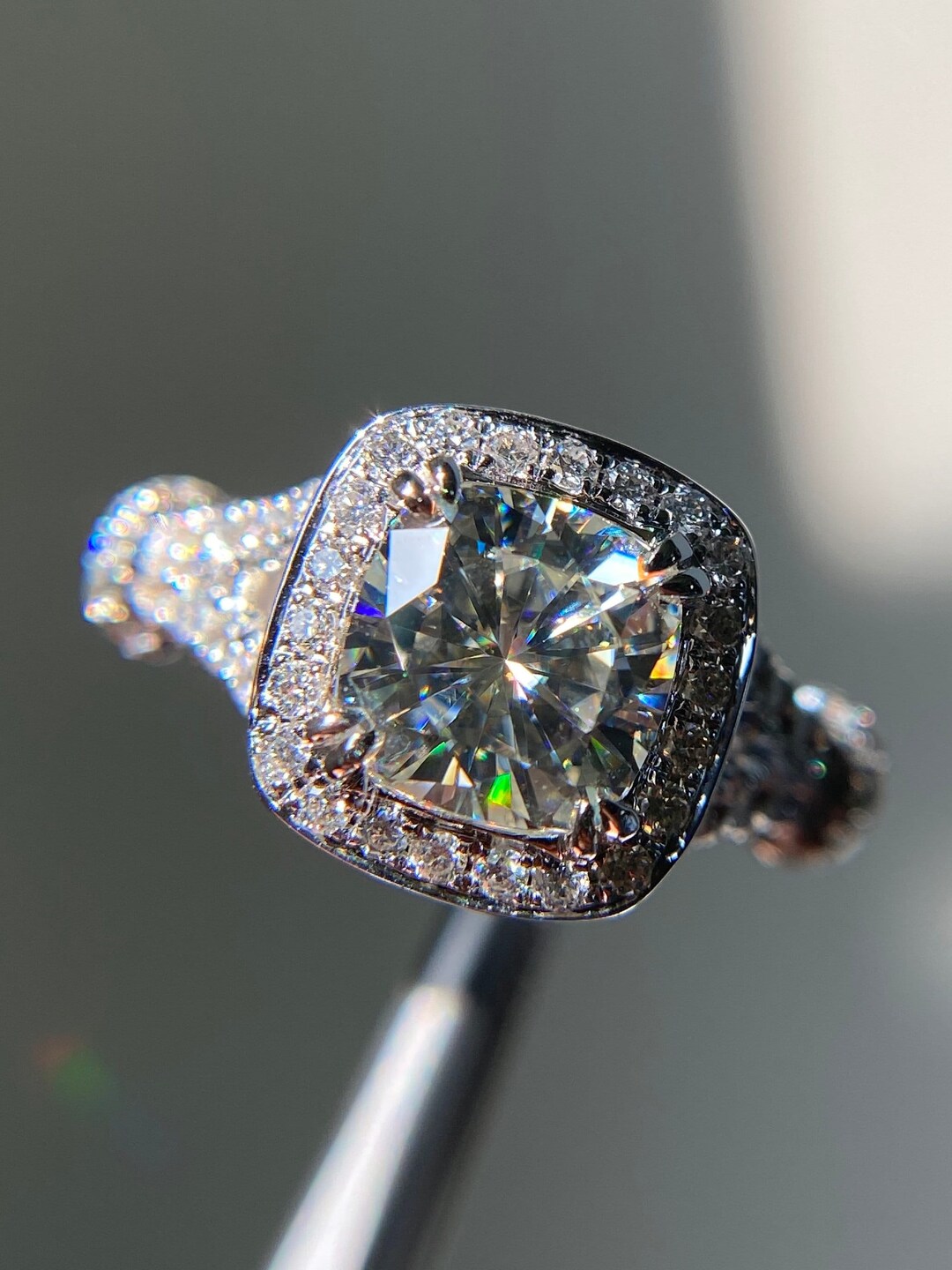 The Marissa Ring Cushion Cut Moissanite and Diamond Halo Engagement ...