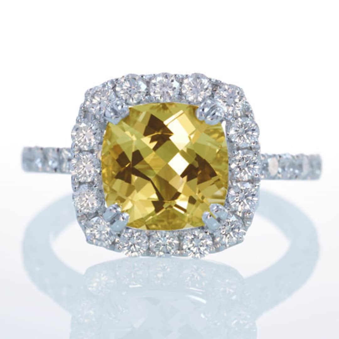 18K White Gold Heliodore Yellow Beryl Diamond Halo Cathedral Solitaire ...