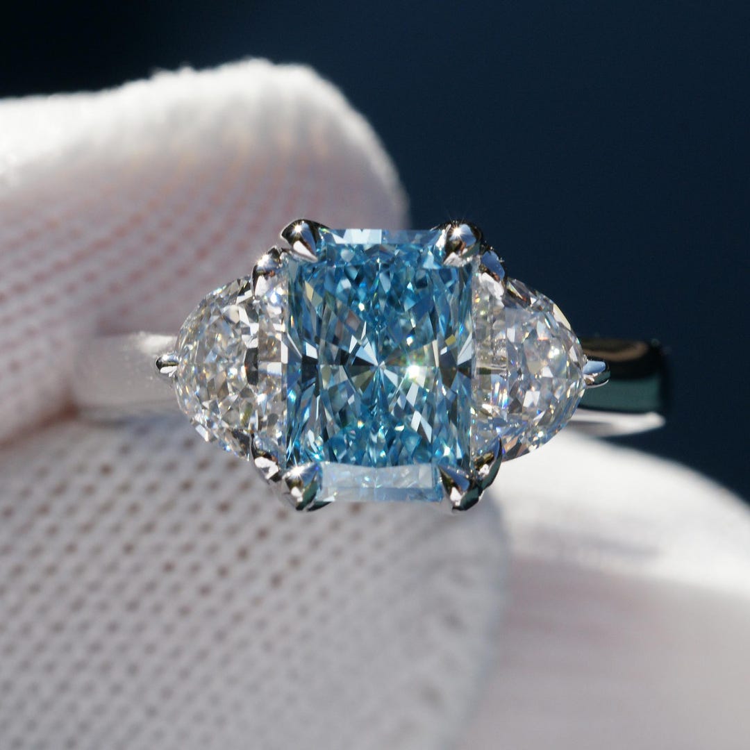 Radiant Cut Fancy Vivid Blue Diamond Engagement Ring Three Stone Half ...