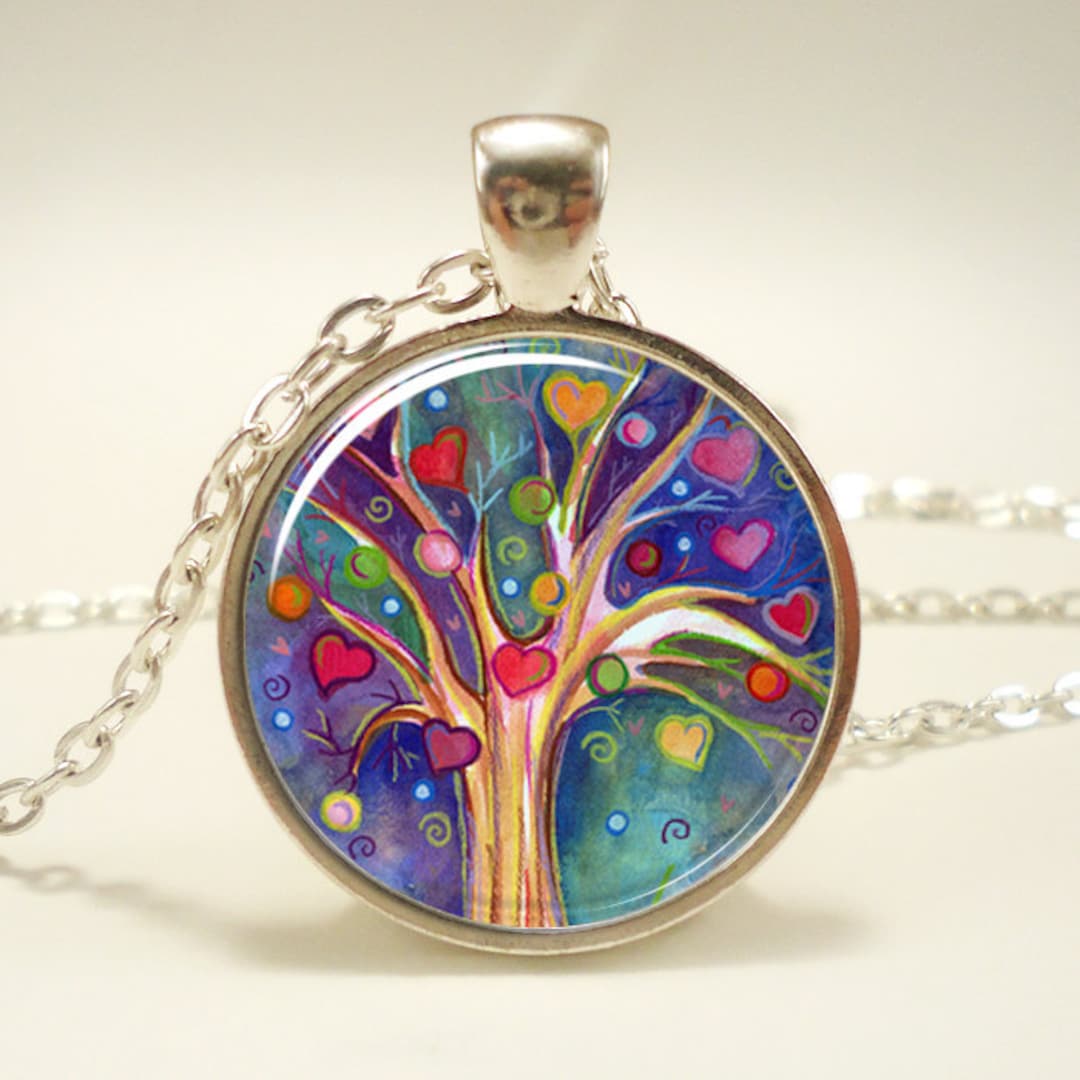 Christmas Gift for Her, Tree Pendant, Whimsical Illustration Tree and ...