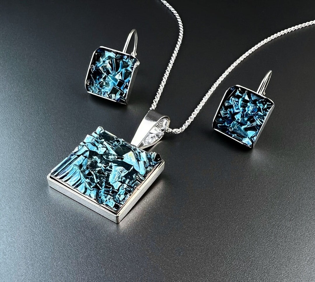 Bismuth Crystal Necklace and Earring Set, Square Jewelry, Sterling ...