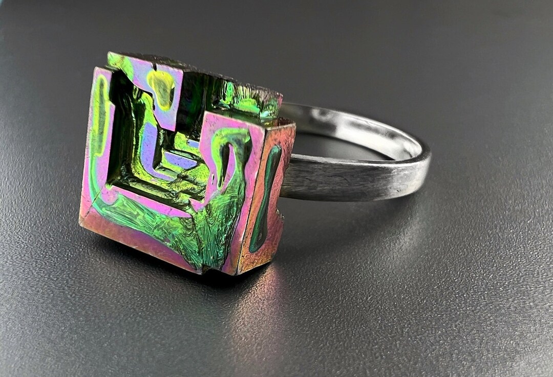 Steps Into Summer, Bismuth Crystal and Sterling Silver Ring, Iridescent ...