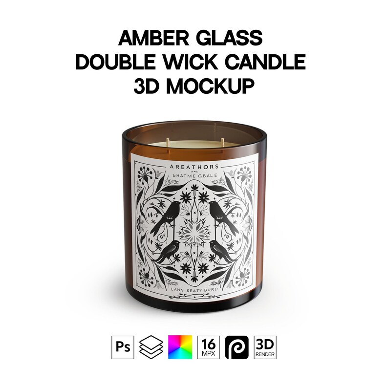 Amber Glass Double Wick Candle Mockup, Two Wicks 3D Cylindrical Candle ...