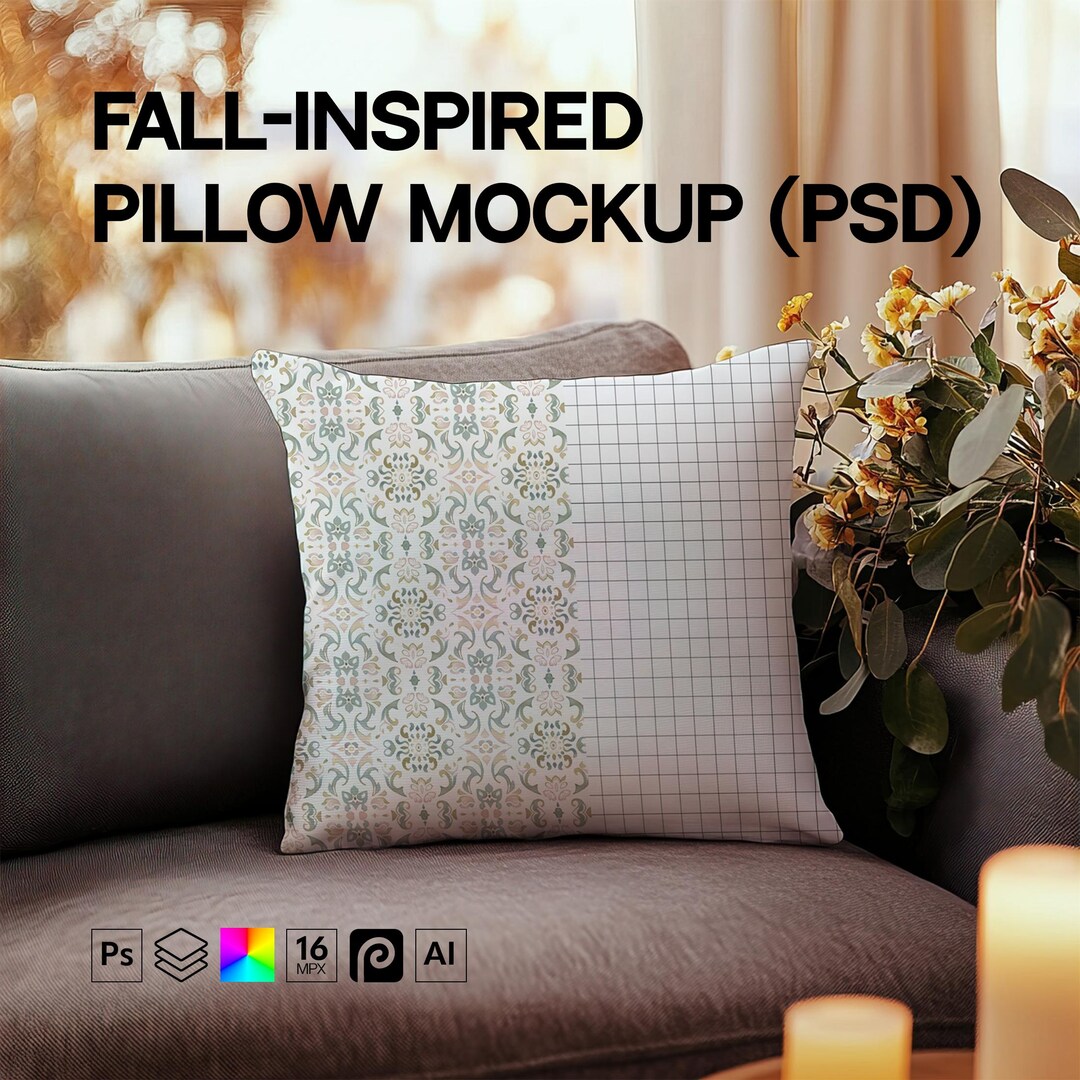 Stylized Seasonal Pillow Mockup, Fall 2024 Editable Pillowcase Print ...