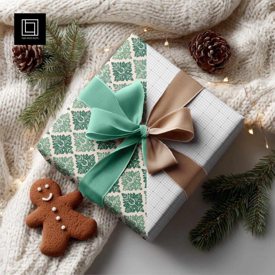 Christmas Gingerbread Man Gift Box Wrapping Paper Mockup | Editable ...
