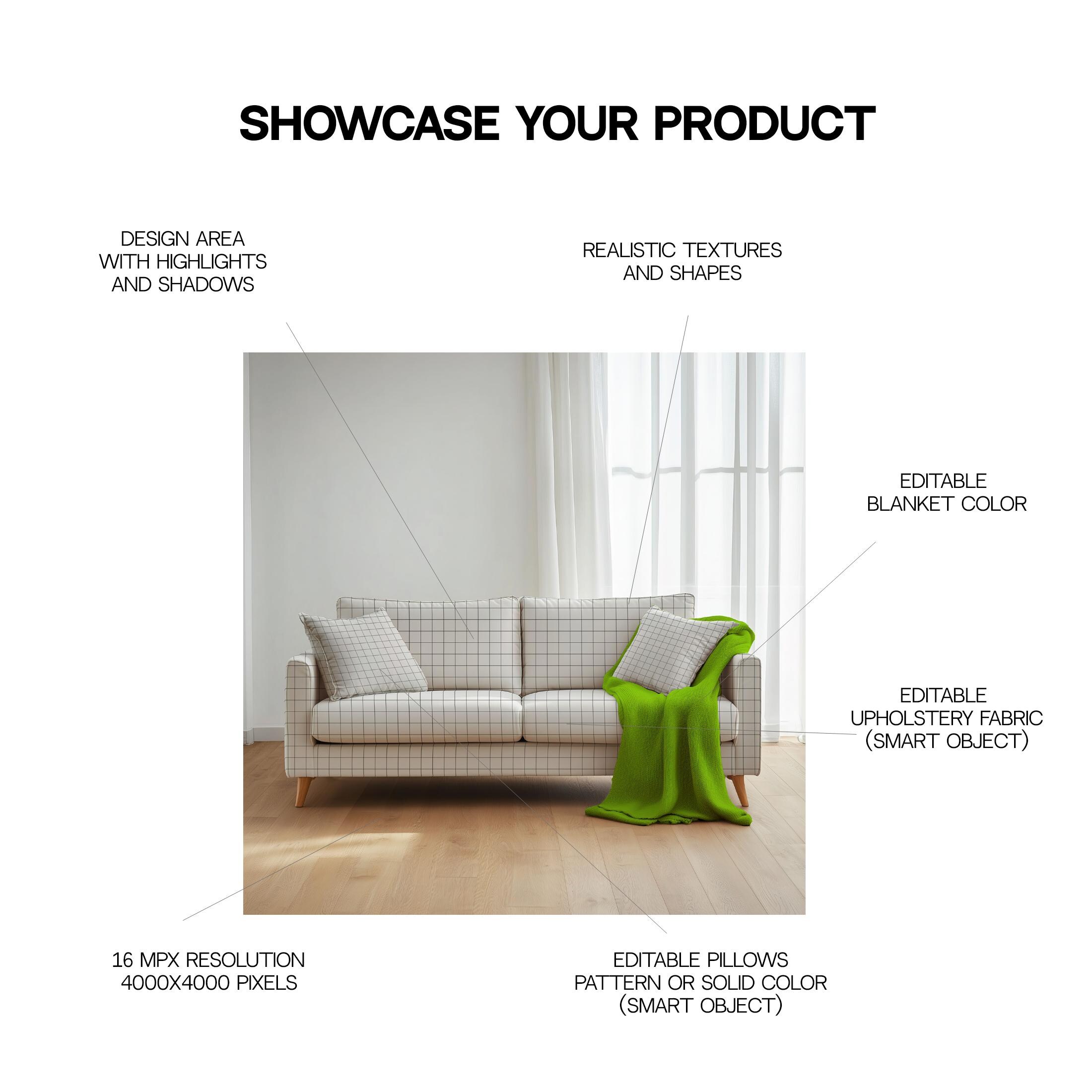 Upholstery Fabric Mockup (PSD), Editable Fofa With Blanket and Pillows ...