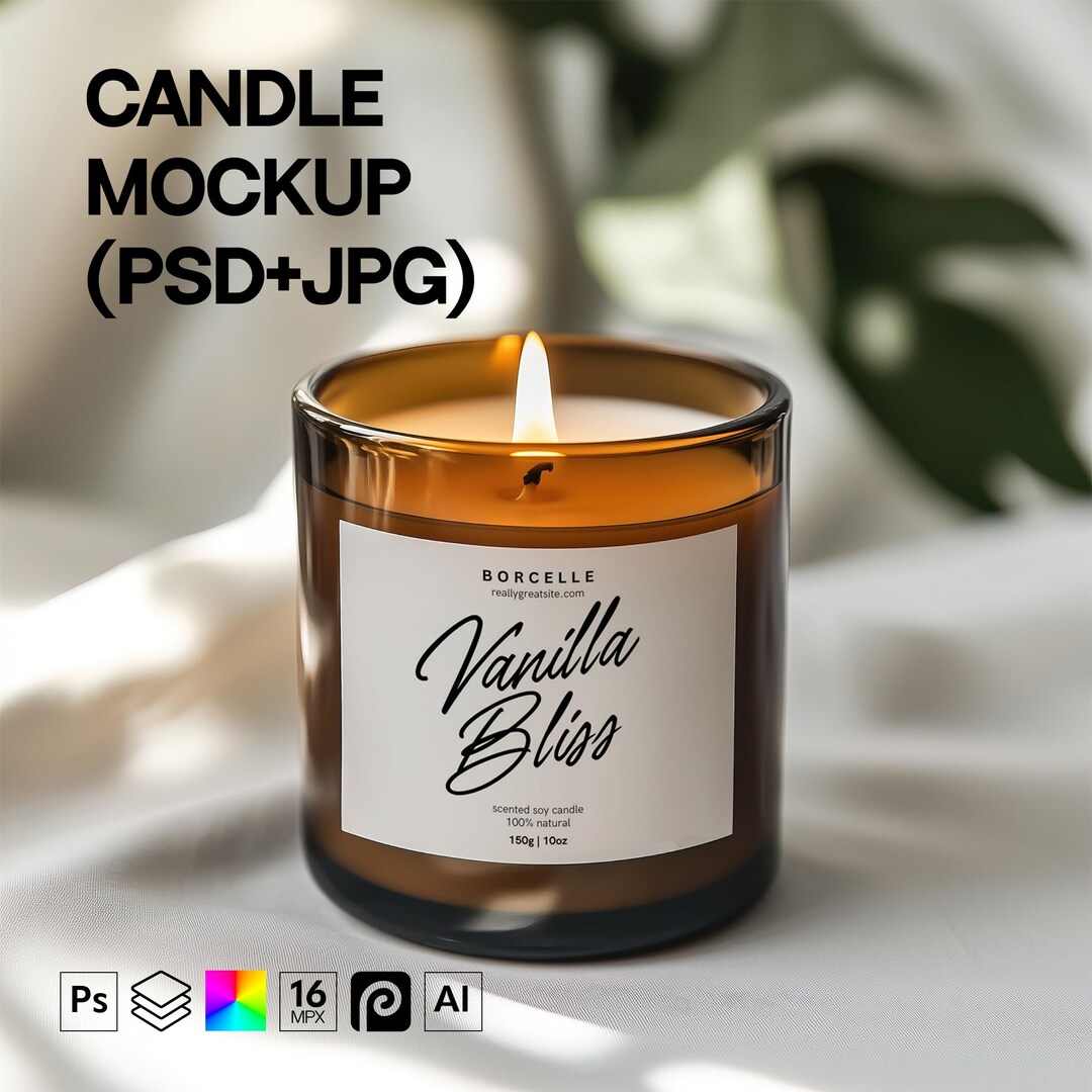 Editable Amber Glass Candle Mockup, Styled Soy Wax Candle Cylindrical ...