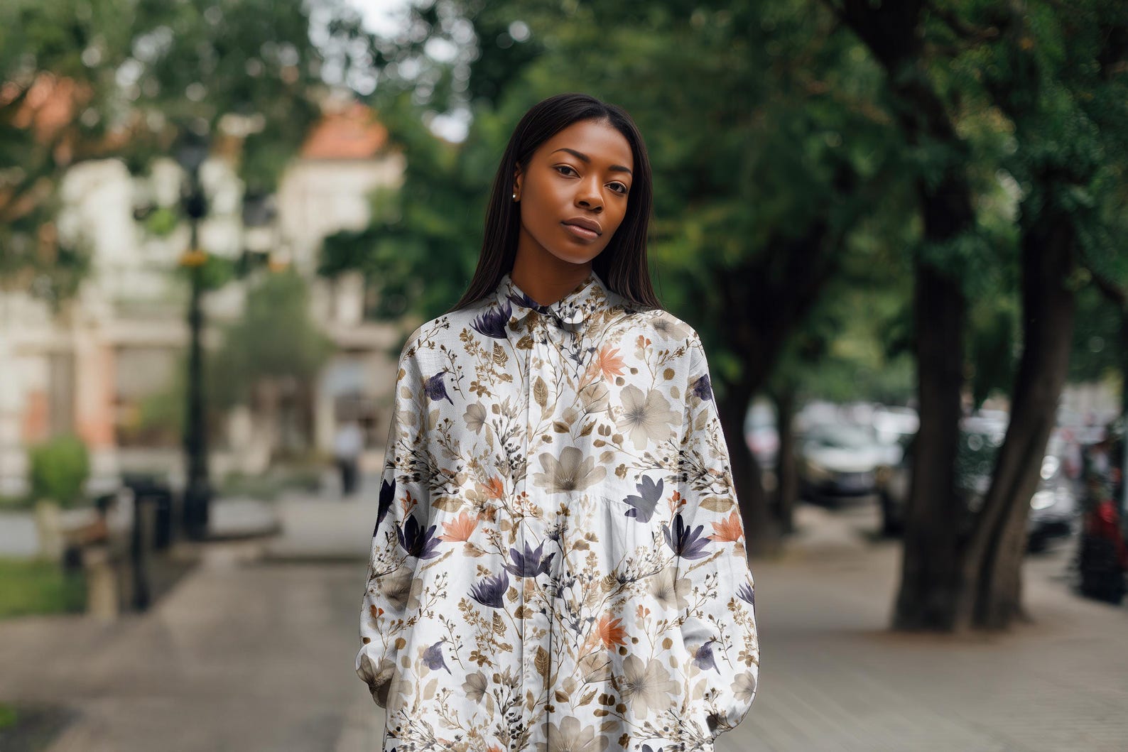 Long-sleeved Natural Dress Mockup PSD, City Street Fashion Fabric Model ...