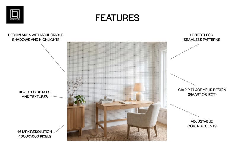 Home Office Wallpaper Mockup PSD, Scandinavian Desk Scene Smart Object ...