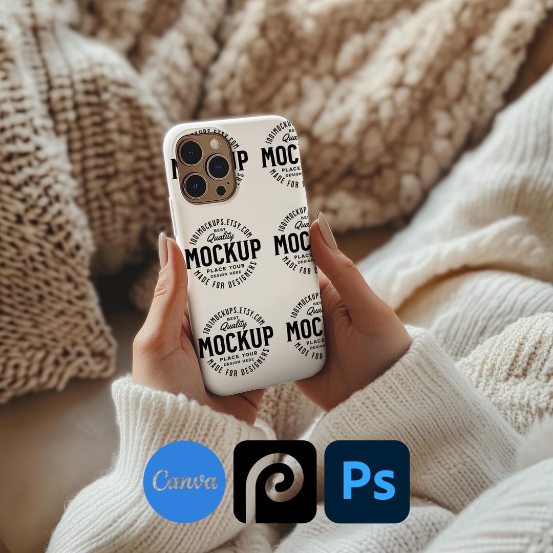Cozy Boho Styled Phone Case Model Mockup (psd+canva PNG), Editable ...