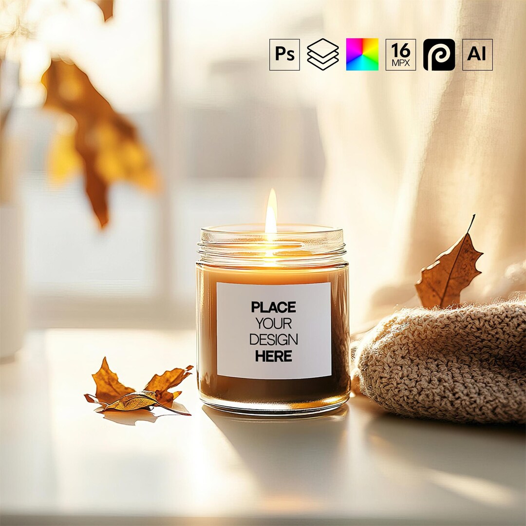 Editable Stylized Candle Mockup, Clear Glass Candle Jar Template, Cozy ...