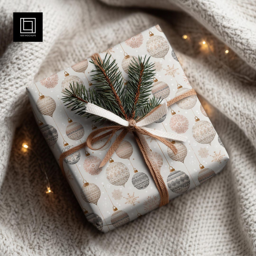 Christmas Wrapping Paper Mockup | Gift Box With Fir & Knit Background ...