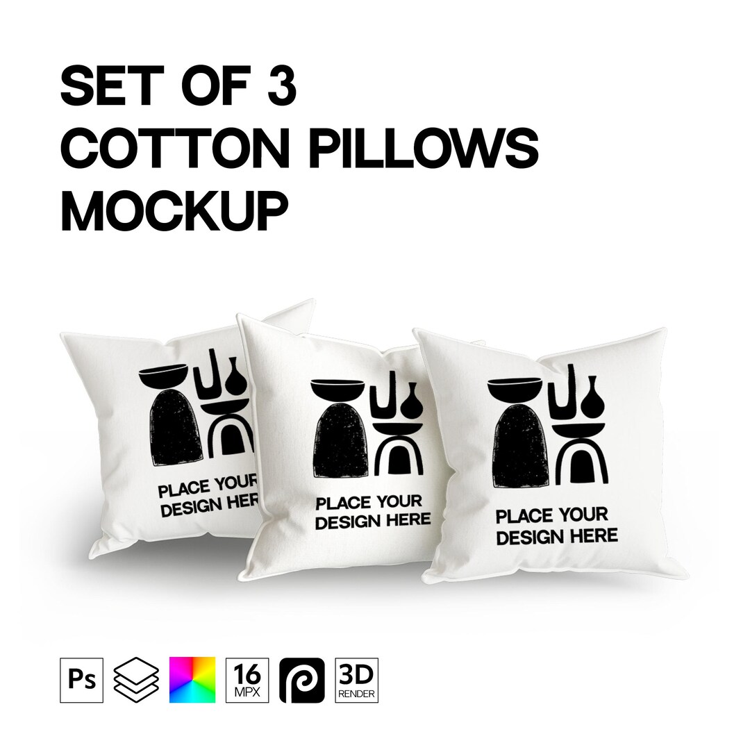 Set of 3 Cotton Pillows Mockup, Professional Pillow Case Mockup ...