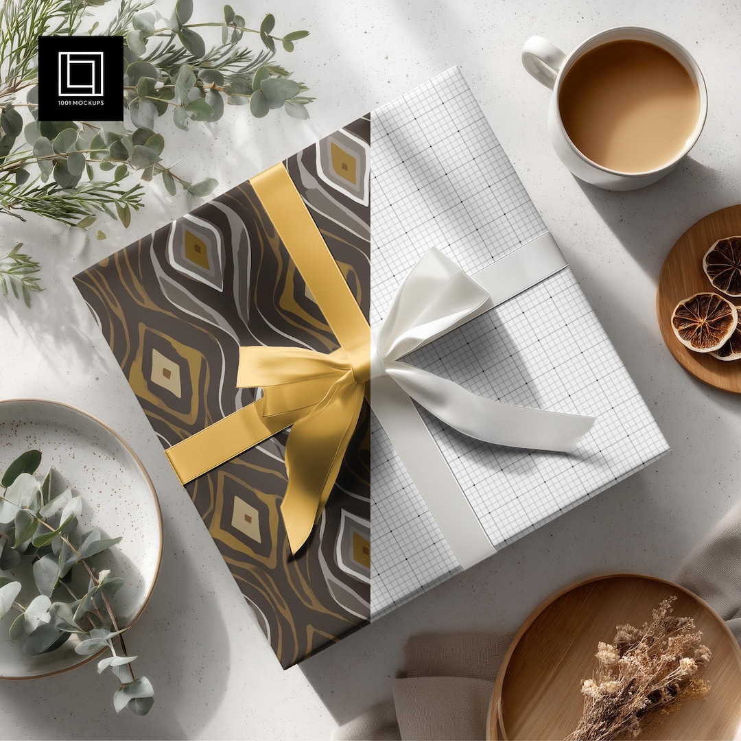Boho Wrapping Paper & Gift Box Mockup | Customizable Ribbon Color ...
