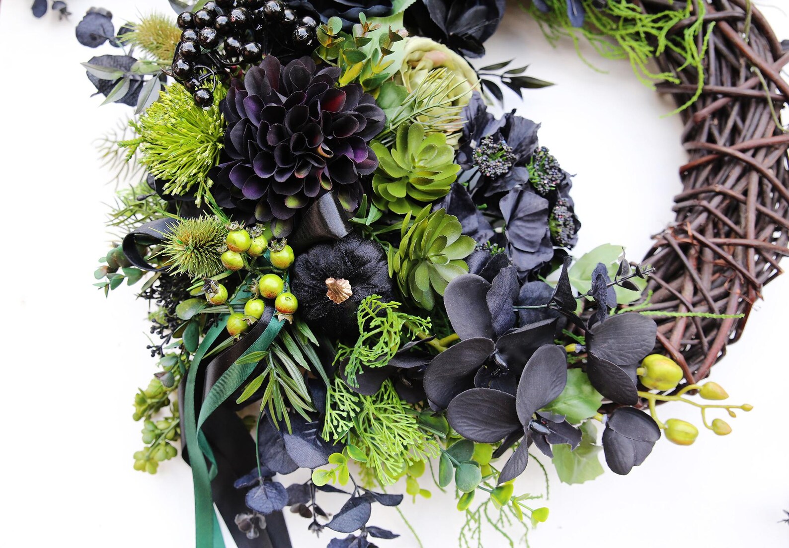 Gothic Floral Wreath for Front Door - Black Eucalyptus, Orchid & Roses ...