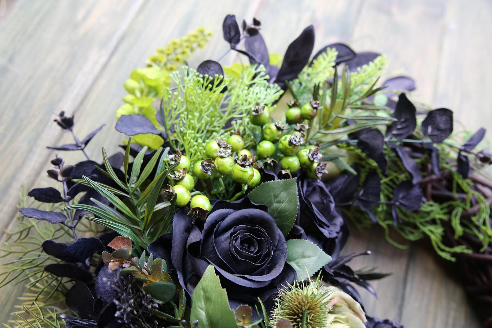 Gothic Floral Wreath for Front Door - Black Eucalyptus, Orchid & Roses ...