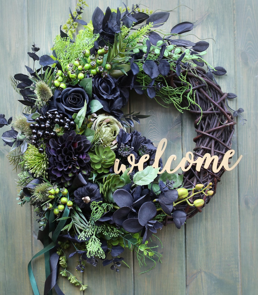Gothic Floral Wreath for Front Door - Black Eucalyptus, Orchid & Roses ...