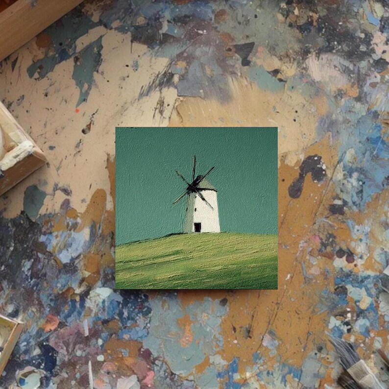 Field Windmill Landscape Original Mini Oil Painting, Spring Windmill ...